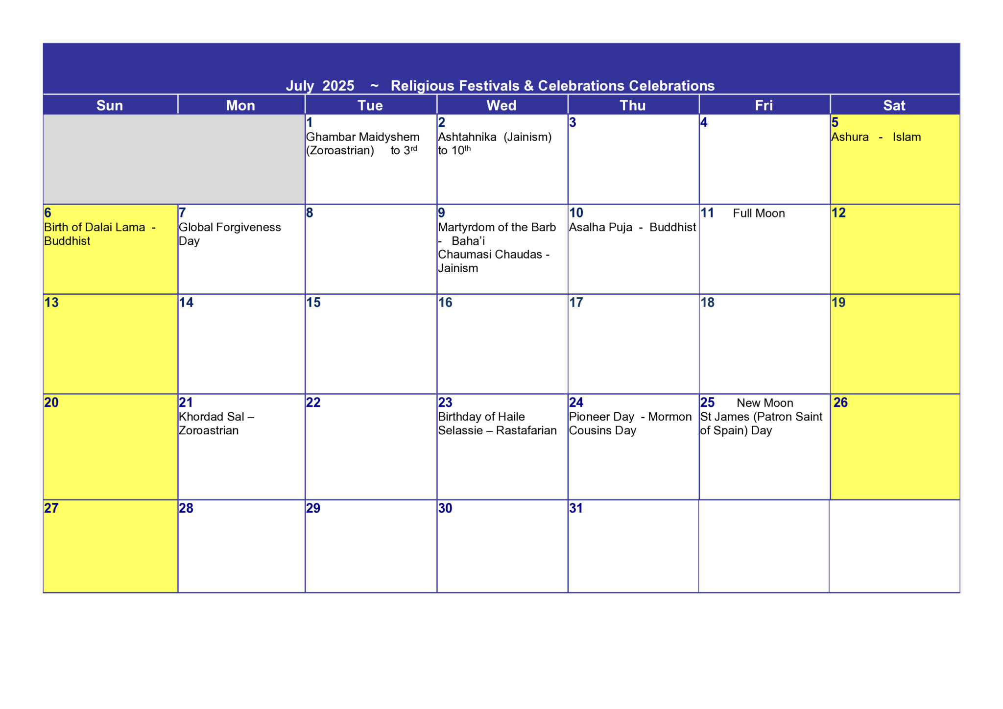 Religious Celebrations July 2025 – The Religious Diversity Centre in ...