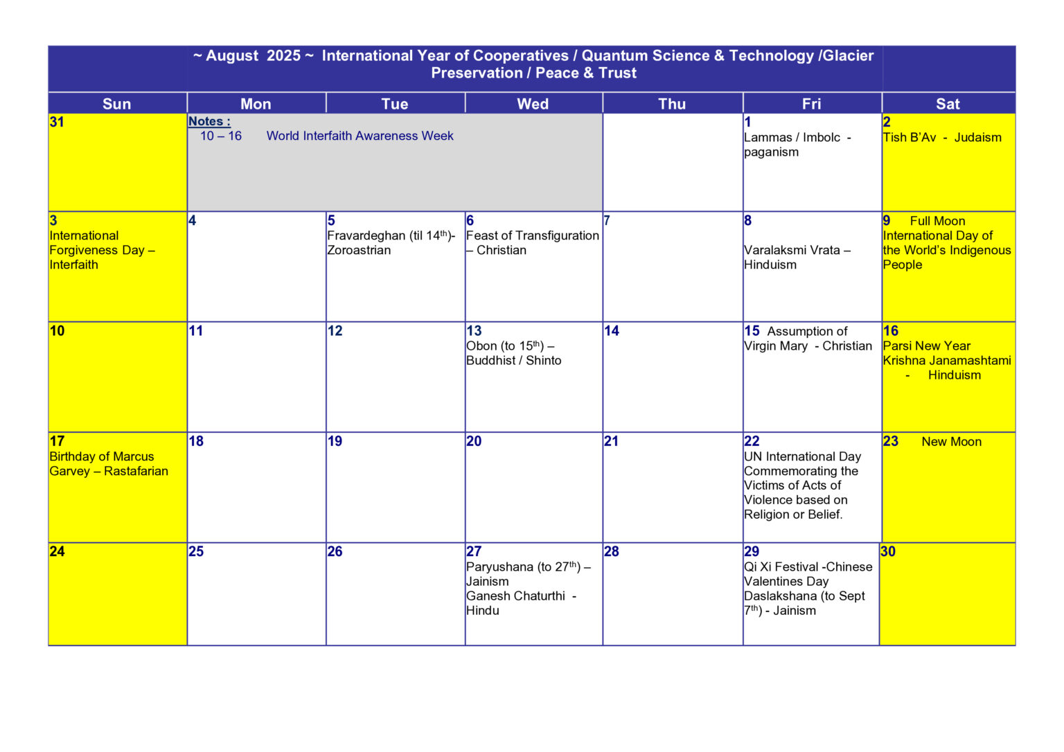 Religious Celebrations – Aug 2025 Calendar – The Religious Diversity ...