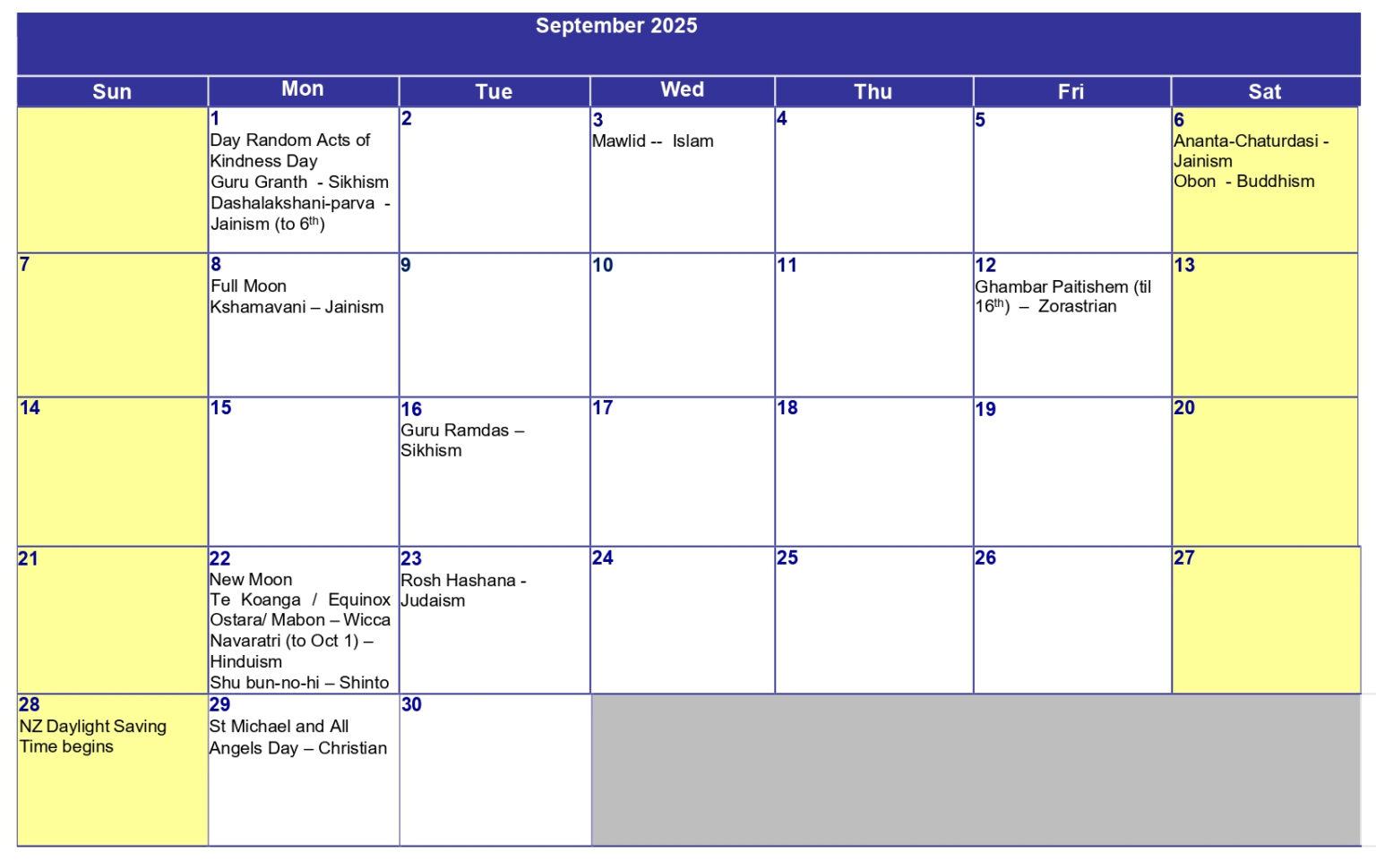 Religious Celebrations – Sept 2025 Calendar – The Religious Diversity ...